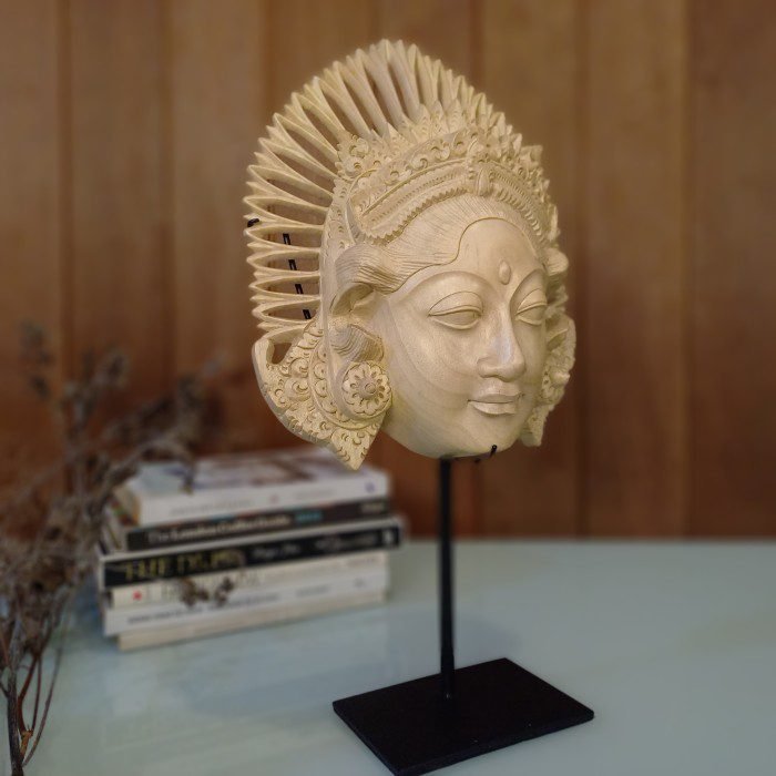 Balinese Janger Mask Statue – Hand-Carved Wooden Decor with Iron Stand ...